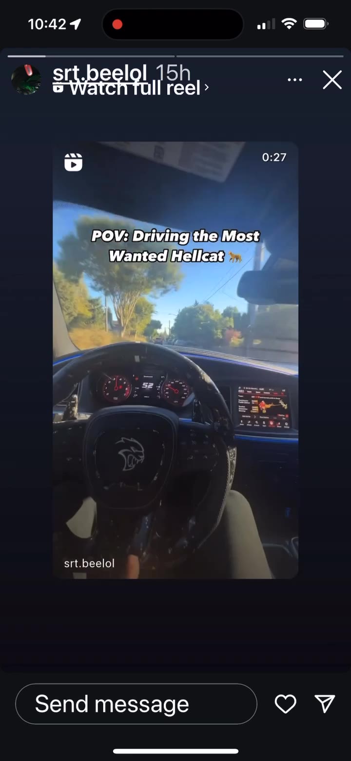 Video from Instagram user "srt.beelol" captioned "POV: Driving the Most ...