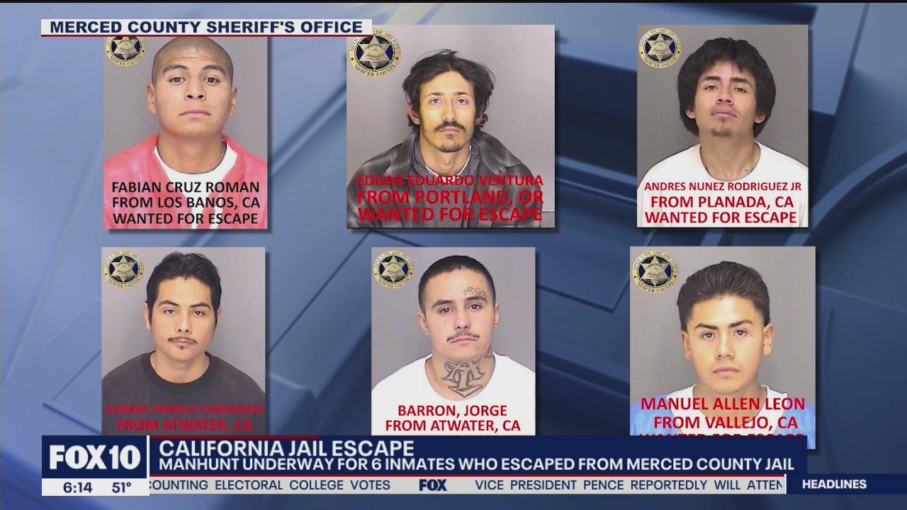 Manhunt underway for 6 inmates who escaped from Merced County Jail ...