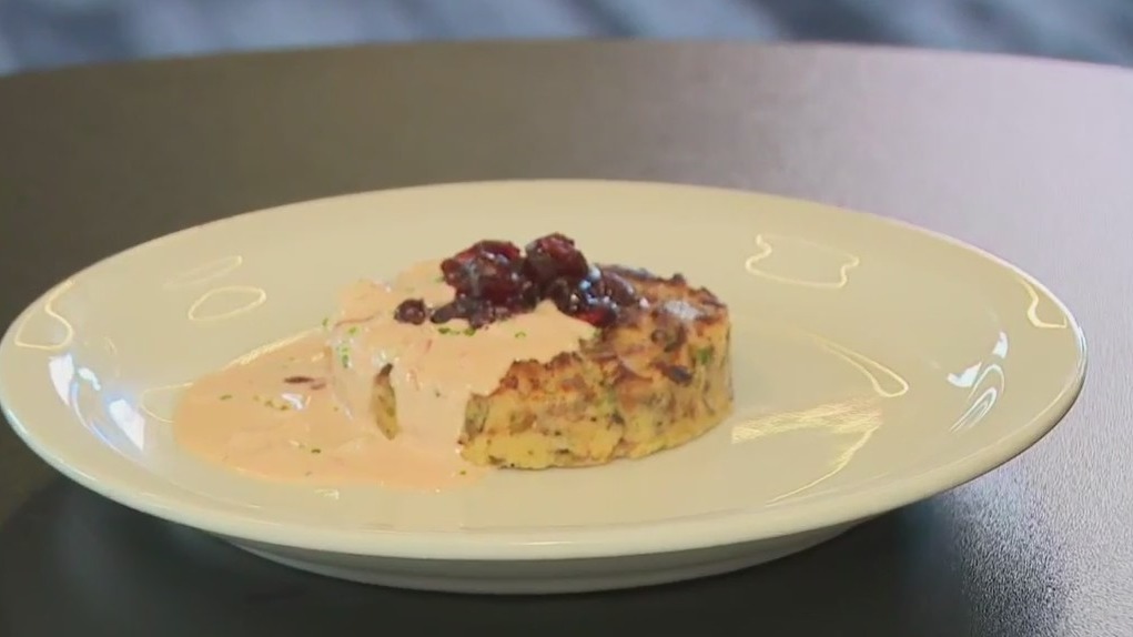 Bread Pudding with Mac Sauce Bechamel and Tart Cranberries