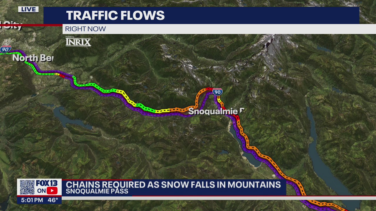 Traffic snarled on Snoqualmie Pass as snow falls | FOX 13 Seattle