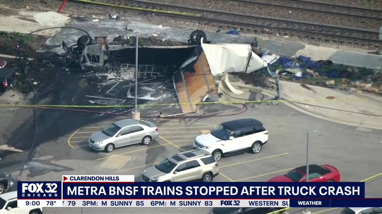 Semi truck catches fire after being struck by Metra BNSF train near ...