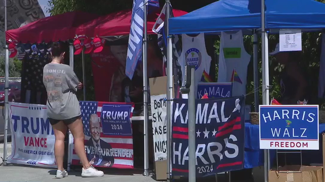 Trump, Harris merch stands share OC corner | FOX 11 Los Angeles