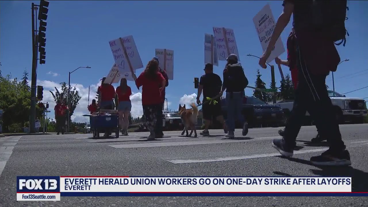 Everett Herald union workers go on 1-day strike after layoffs | FOX 13 ...