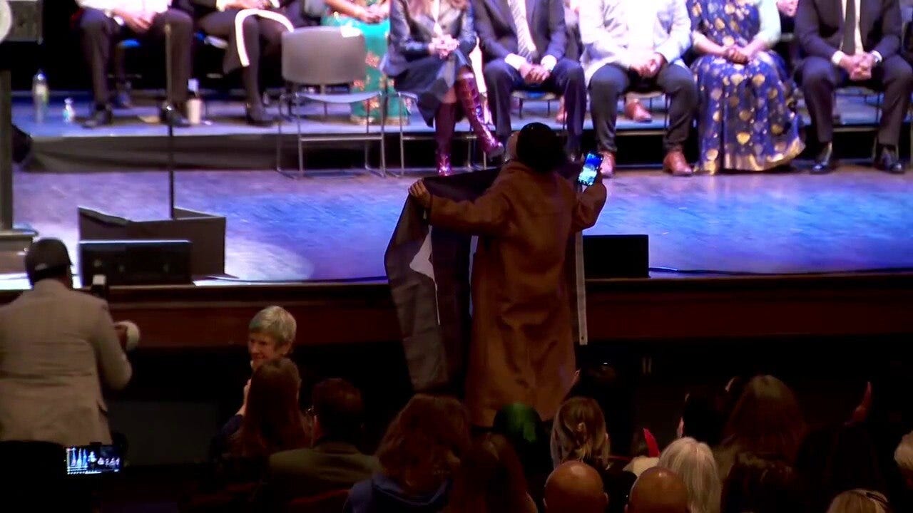 Protesters interrupt Frey during inauguration speech | FOX 9 ...