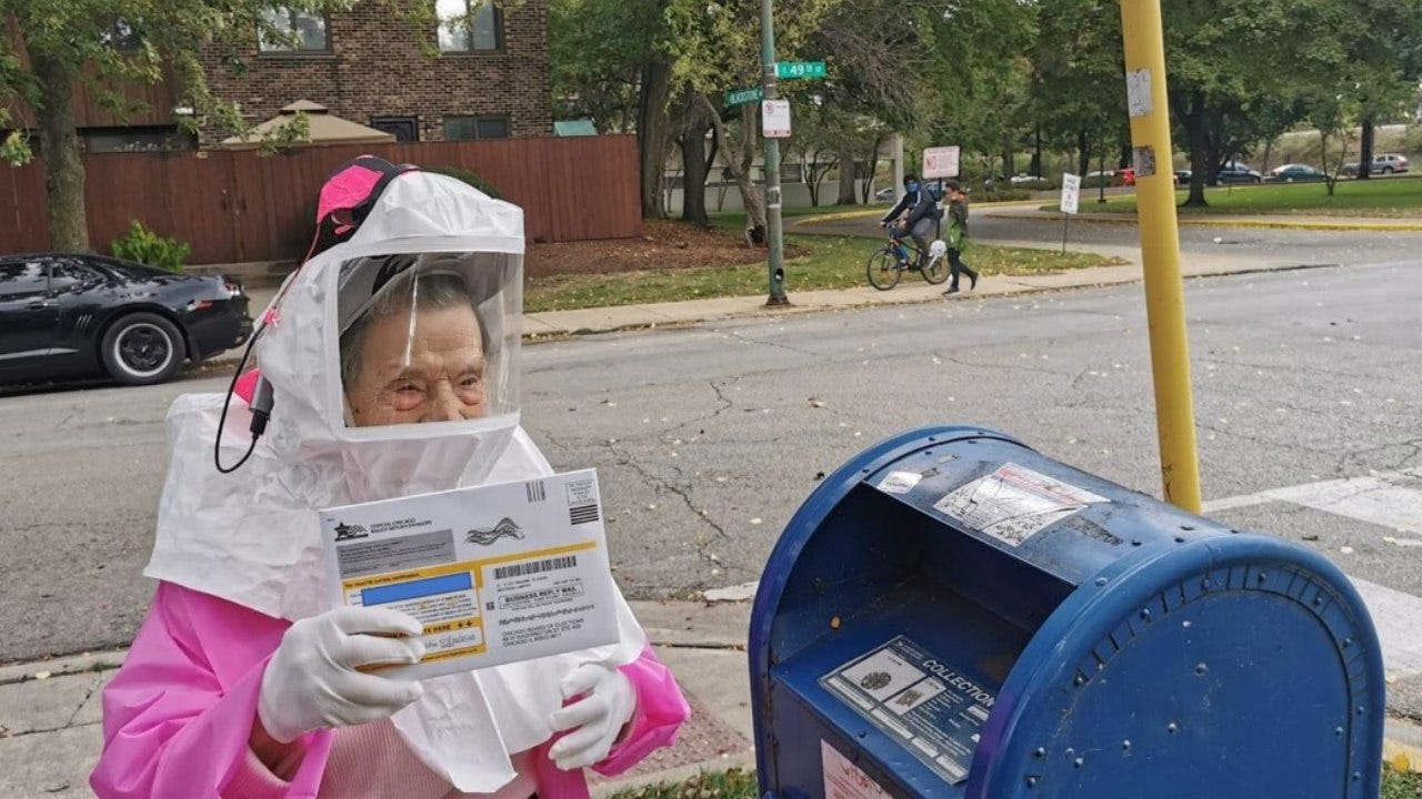 Retired Chicago teacher, 102, dons hazmat suit to vote by mail | FOX 10 ...