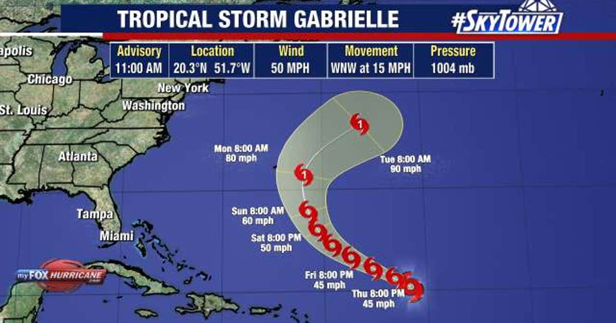 Tropical Storm Gabrielle's development slows as system encounters dry ...