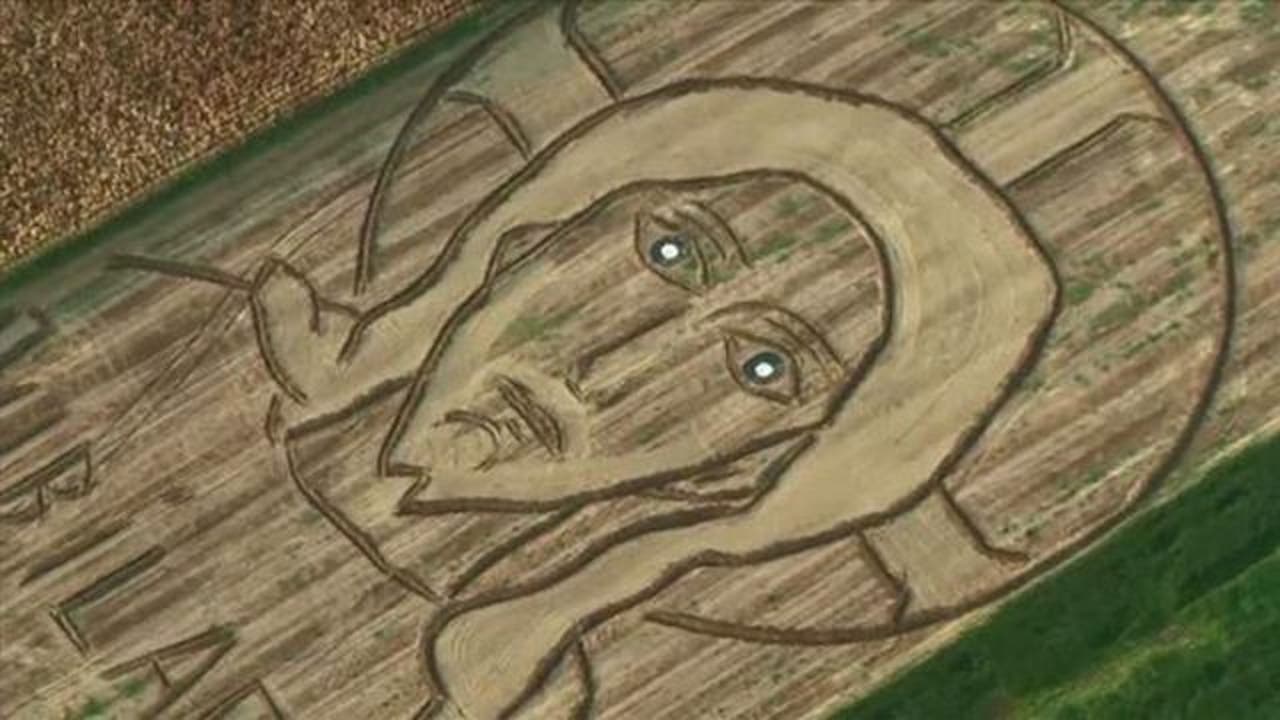 Artist uses tractor to create massive picture of Jesus in field