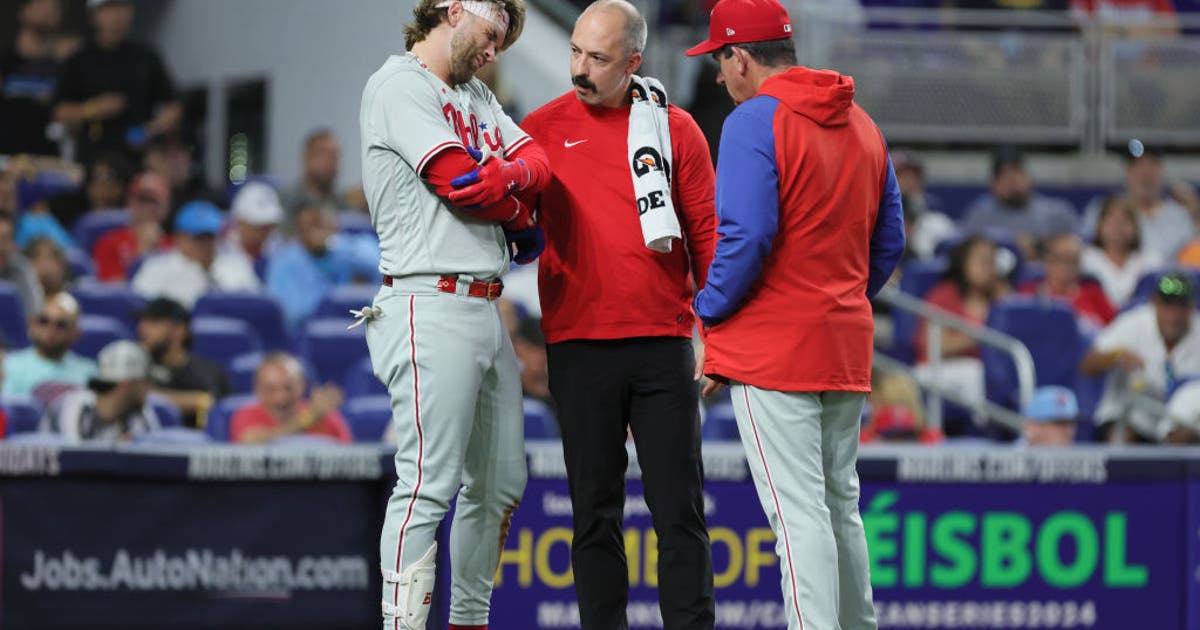 Phillies' Bryce Harper hit on surgically repaired elbow by pitch ...