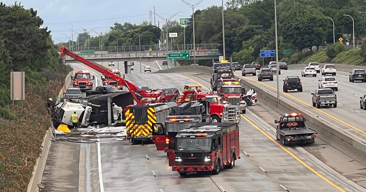 Rolled semi-truck crash closes westbound I-696 at Hoover | FOX 2 Detroit