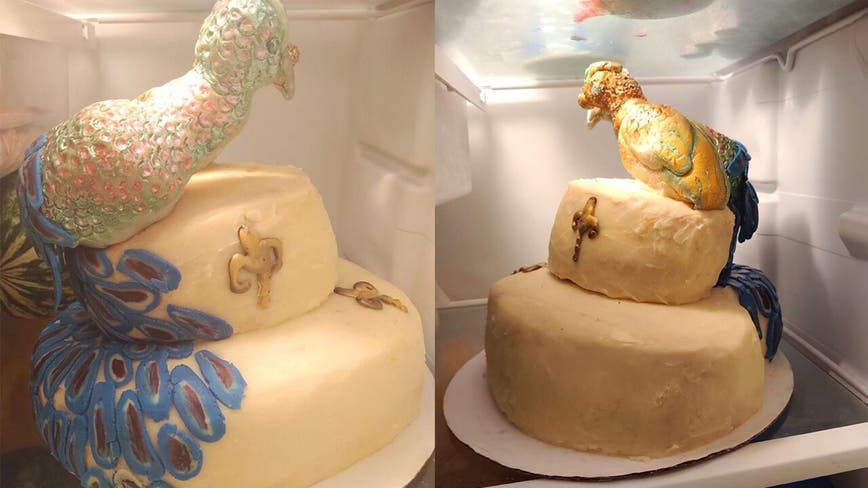 Peacock-themed wedding cake leaves bride furious after baker drops it ...
