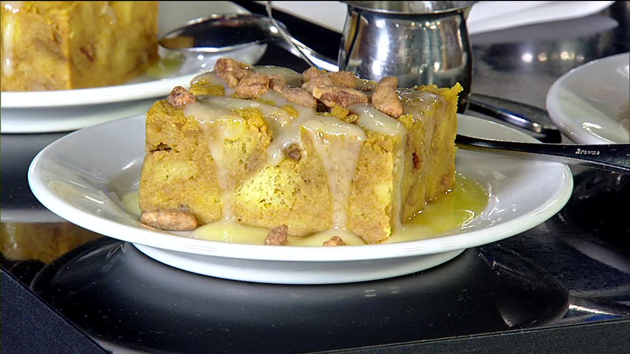 Pumpkin spiced bread pudding topped with praline pecans and whiskey ...