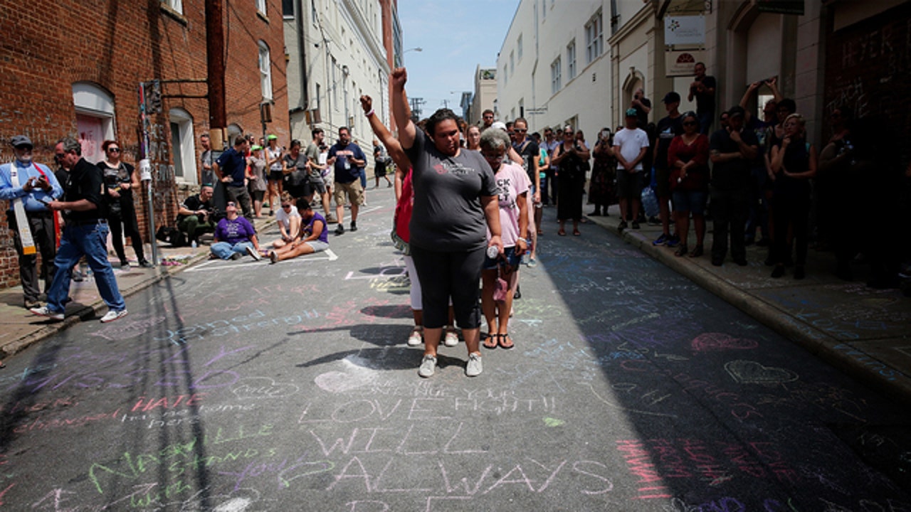 Charlottesville protesters demonstrating against racism on one-year ...