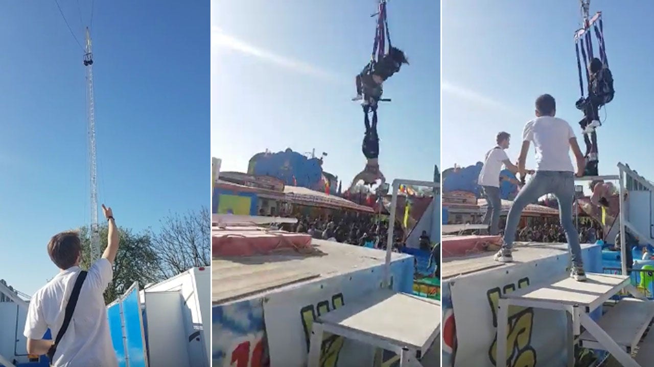 WATCH: Woman dangles from swinging ride after ride malfunctions