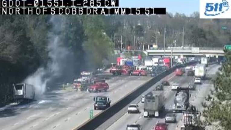Tractor trailer fire shuts down part of I-285 in Cobb County | FOX 5 ...