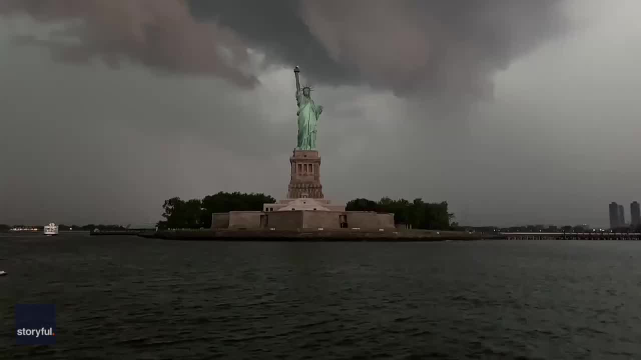 Lightning strikes near Statue of Liberty