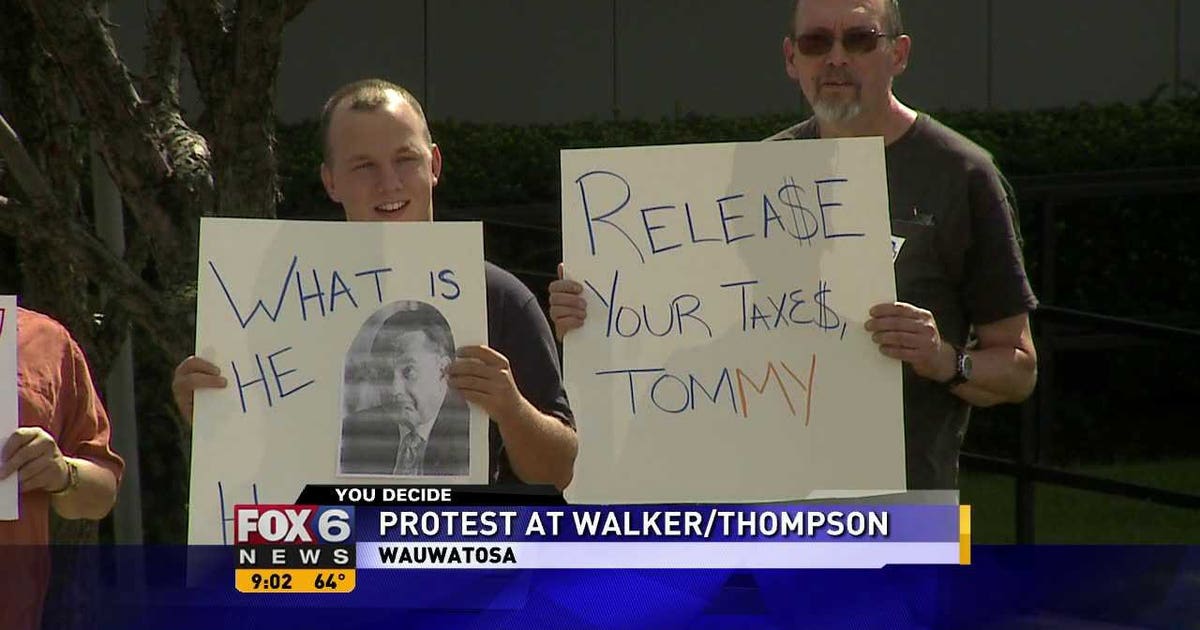 Dems protest at Walker, Thompson news conference | FOX6 Milwaukee