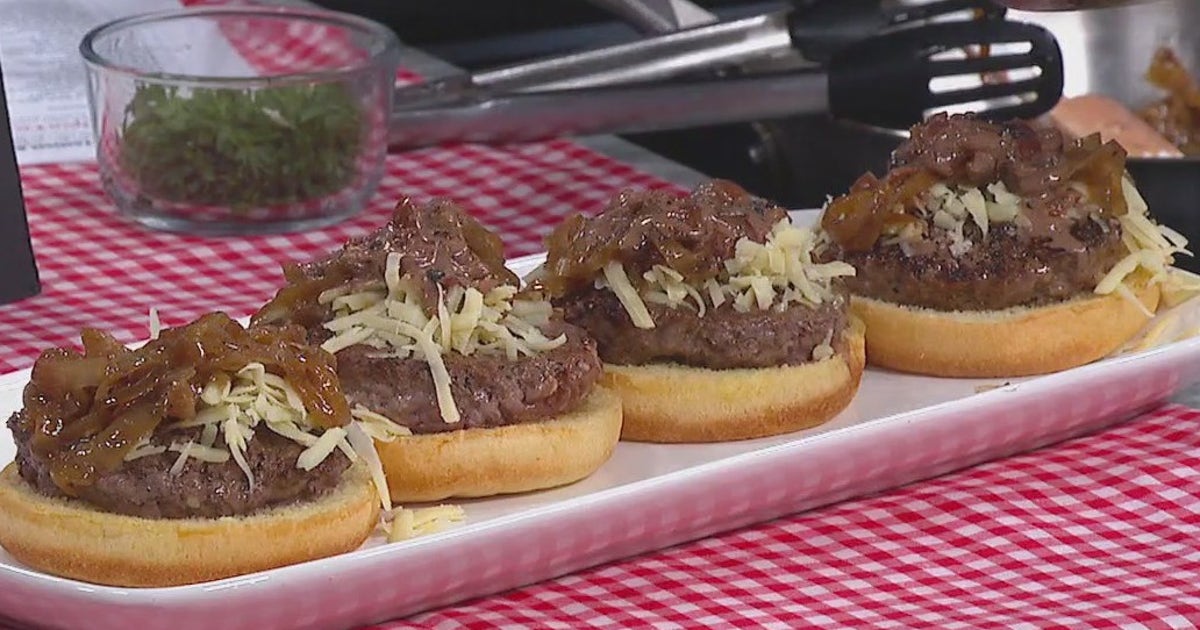 French onion open-faced burgers & old south burgers with peach compote ...