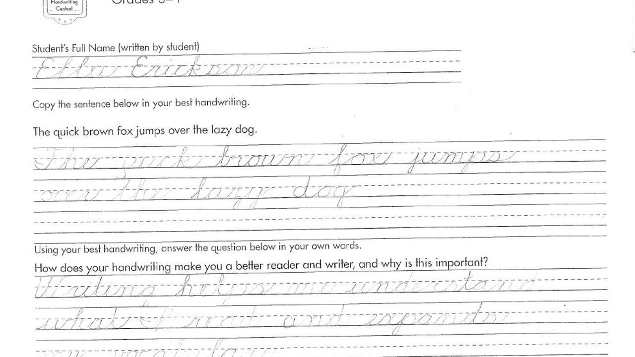 Minnesota 4th grader's cursive wins national handwriting contest | FOX ...
