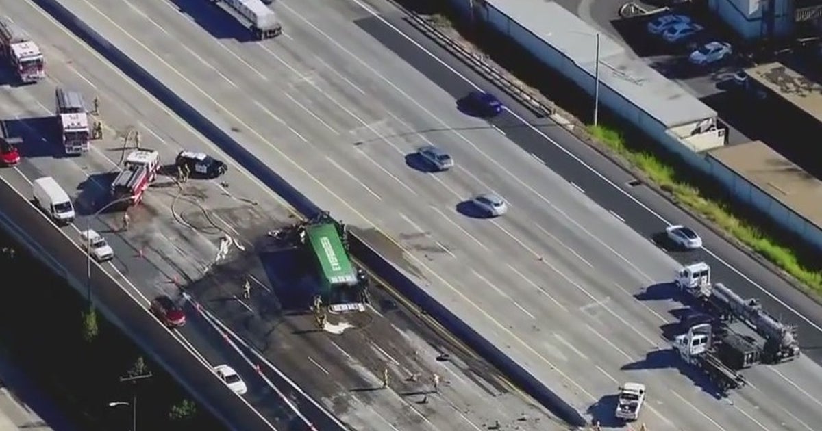 Big rig hits center divider, bursts into flames on 57 Freeway | FOX 11 ...