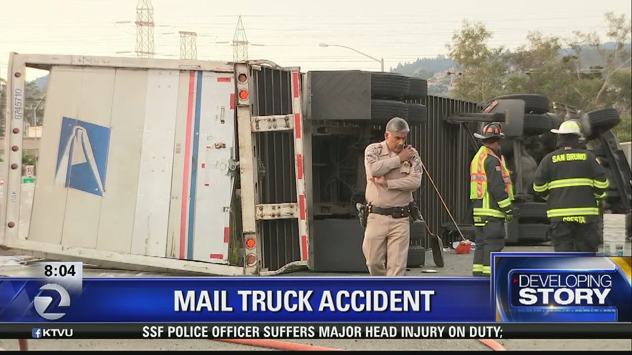 Postal service big-rig overturns on 101 in Millbrae
