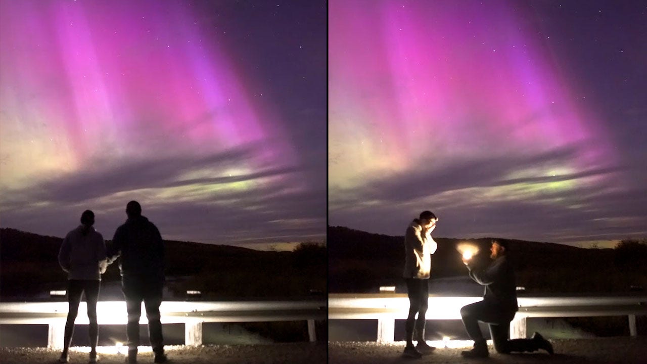 Watch magical moment man proposes under dreamy purple aurora | LiveNOW ...